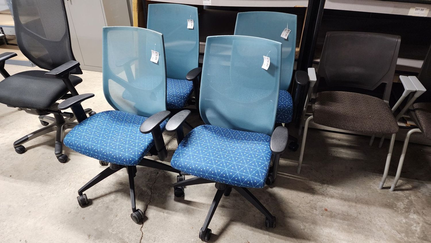 Blue Mesh Back Printed Fabric Seat Task Chairs