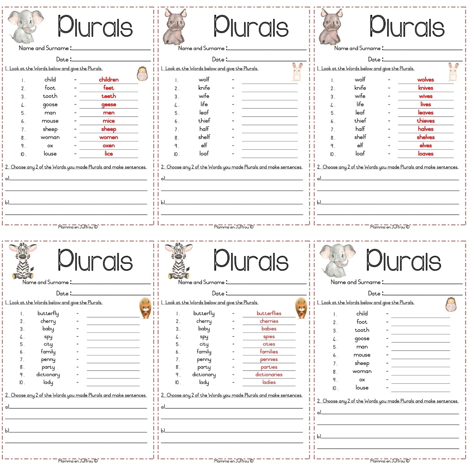 Grade 4/5 English Plurals Exercises