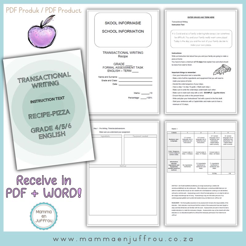 Grade 4/5/6 Transactional Writing Task - Recipe Instruction Text