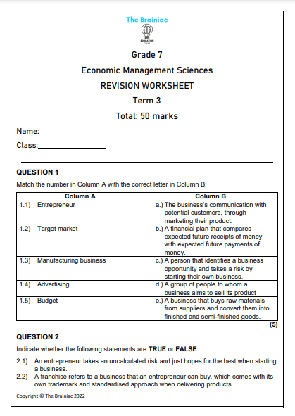 Gr 7 EMS Revision Worksheet - Term 3 Gr 7 EMS Revision Worksheet - Term 3
