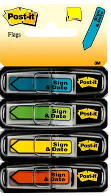 3M Post-it® Message Flags, "Sign Here", Asstd Colors, .47 in. Wide