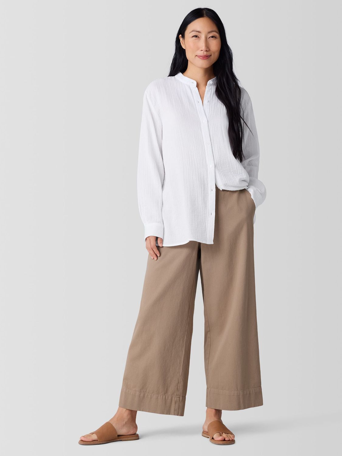Eileen Fisher Garment Dyed Utility Cotton Wide Ankle Pant in Biscuit