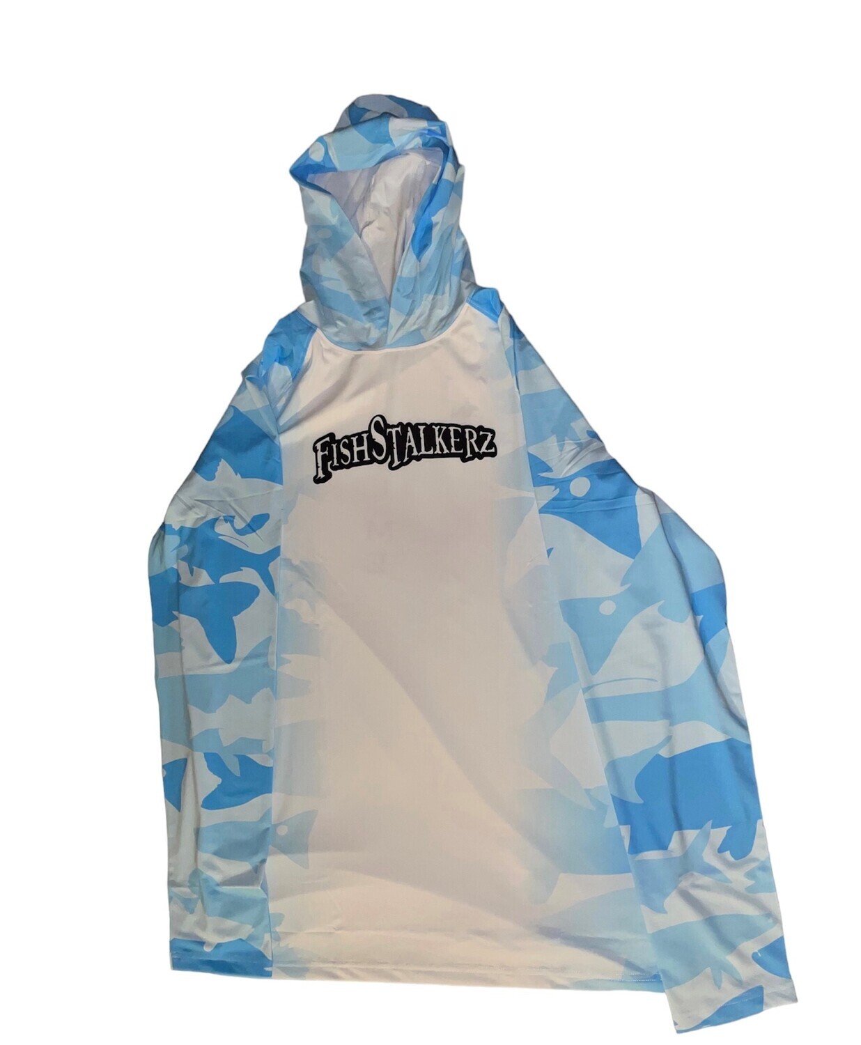 UPF50 Fishstalkerz Blue fish camo hoodie redfish, snook, tarpon.