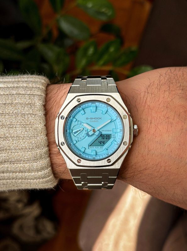 G-SHOCK CasiOak Full Silver-with Tiffany blue dial