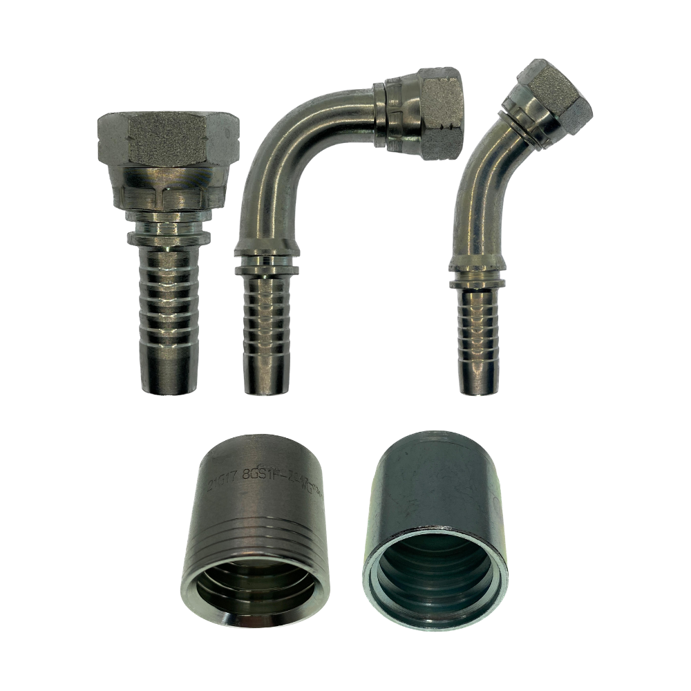 Two piece Crimp-on Hydraulic Hosetails in Straight 45° & 90°