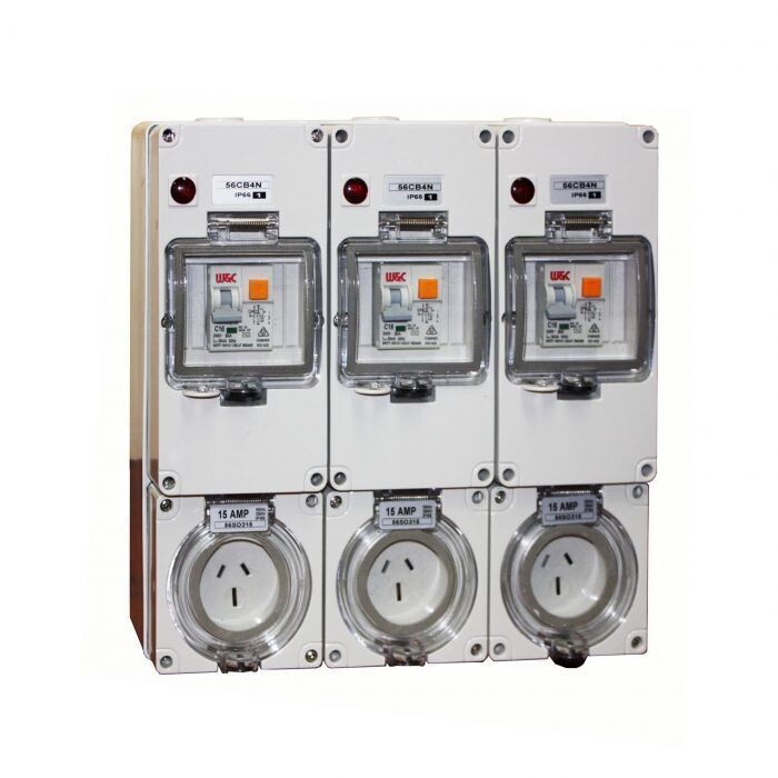3 x 15 Amp single phase outlets each with individual RCD circuit breakers.
