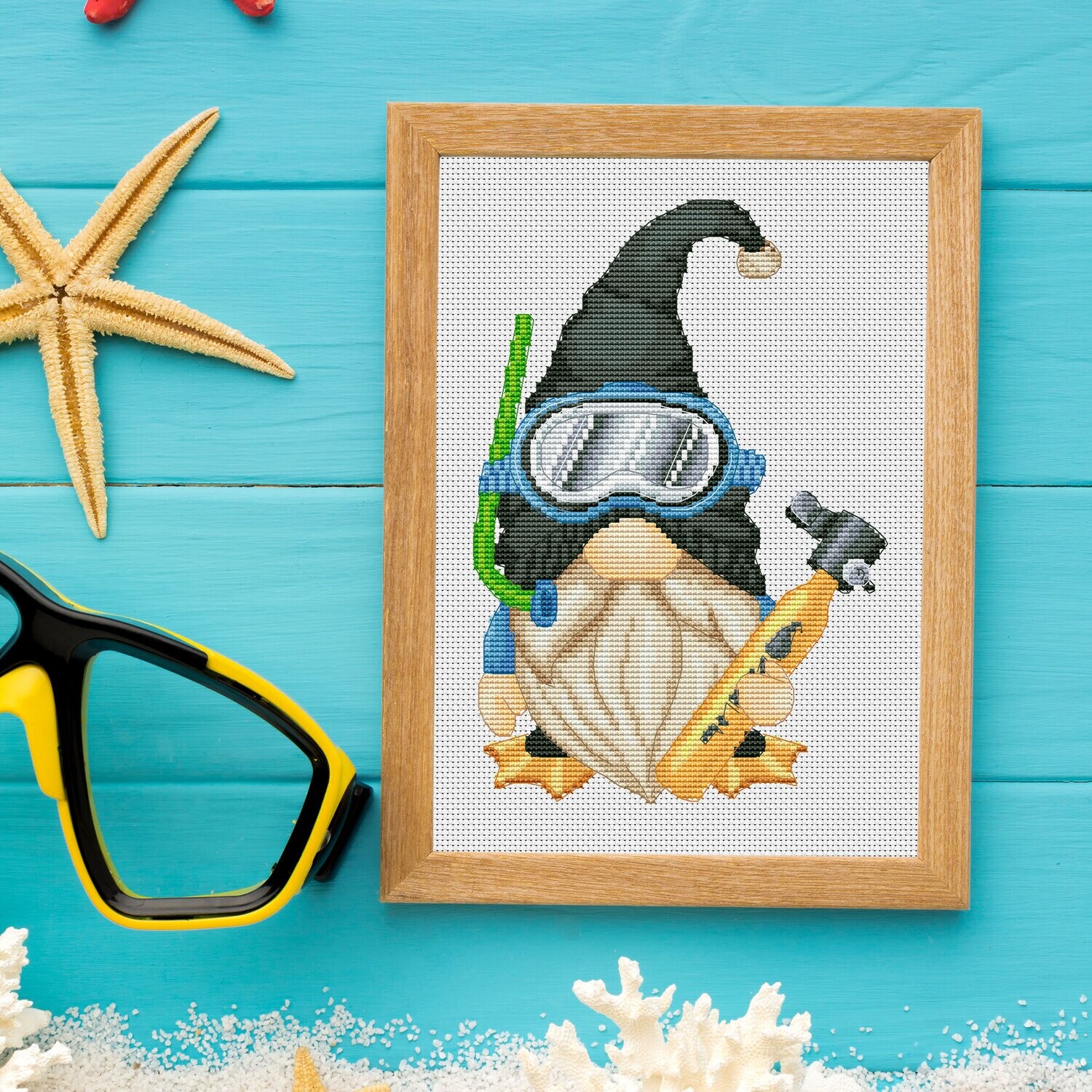 Diving gnome, Cross stitch pattern, Gnome cross stitch, Snorkeling ...