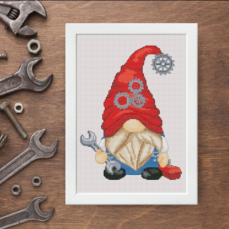 Mechanic, Gnomes cross stitch, Counted cross stitch