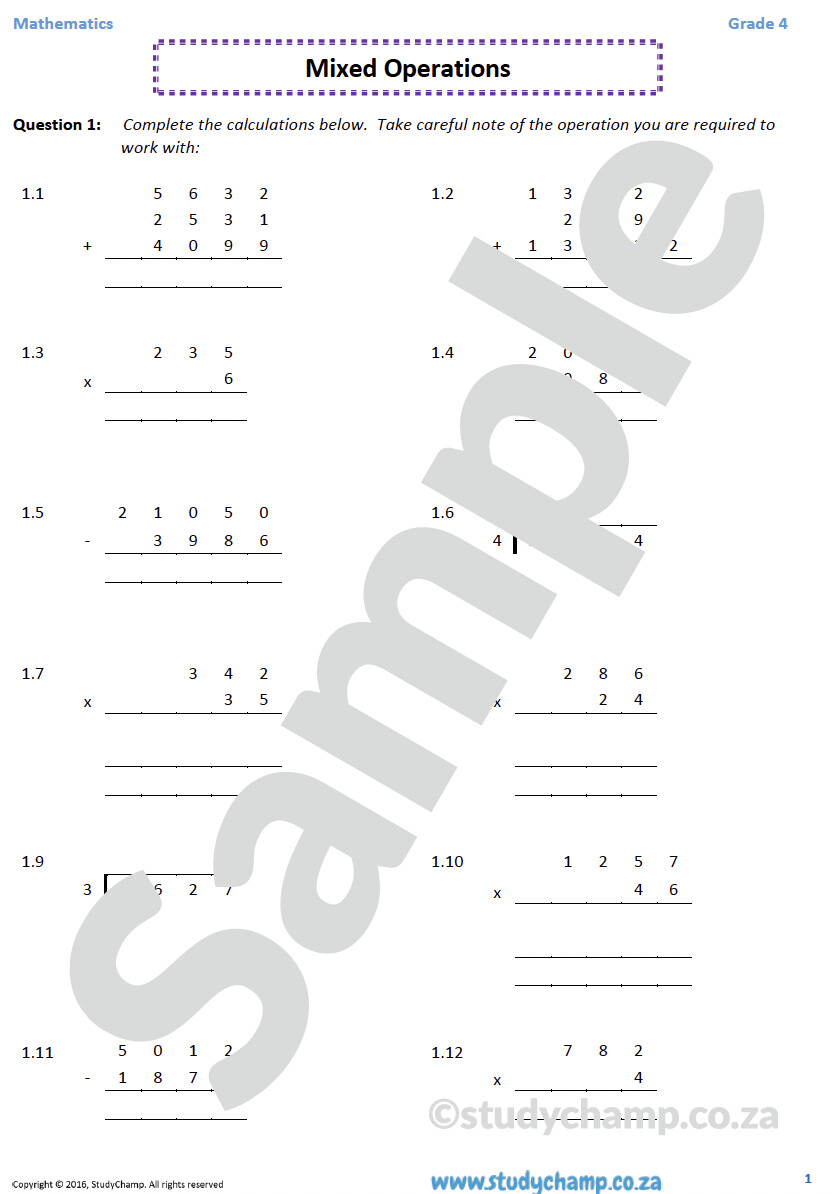 Grade 4 Mathematics worksheet: Mixed Practice - all operations Grade 4 Mathematics worksheet: Mixed Practice - all operations