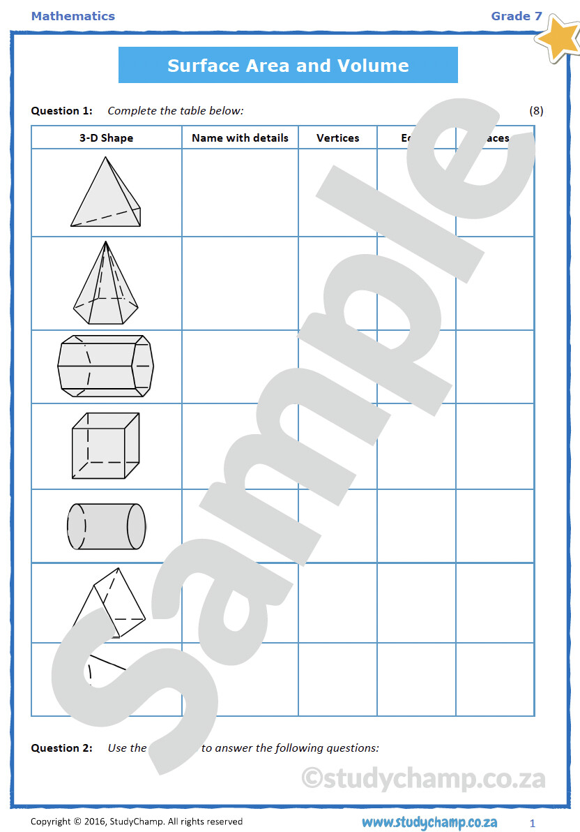 Grade 7 Mathematics Test: Surface Area and Volume Grade 7 Mathematics Test: Surface Area and Volume