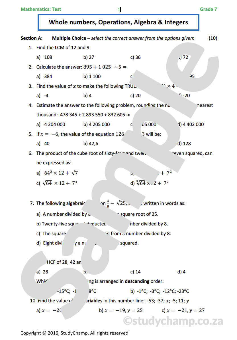 Grade 7 Mathematics Test: Operations, Integers and Algebra Grade 7 Mathematics Test: Operations, Integers and Algebra