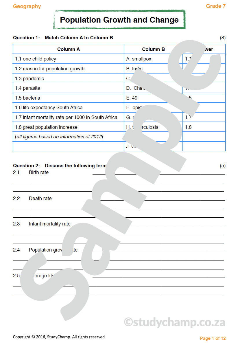 Grade 7 Geography Test: Population growth and change