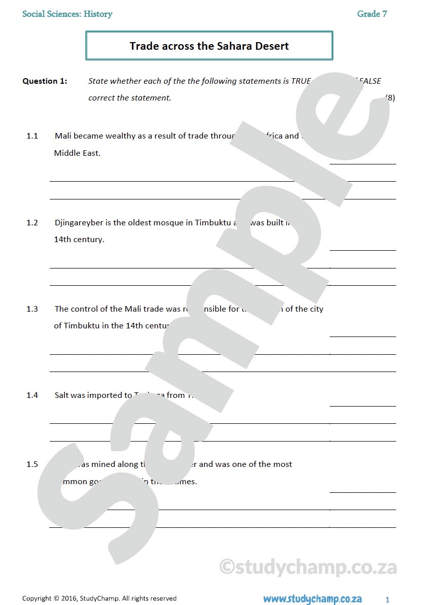 Grade 7 History Test: Trade across the Sahara Desert