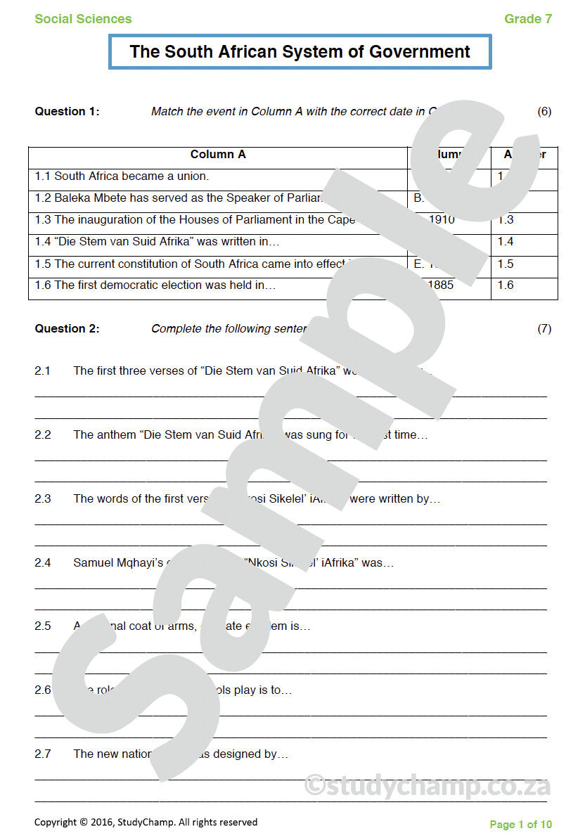 Grade 7 History Test South African Government