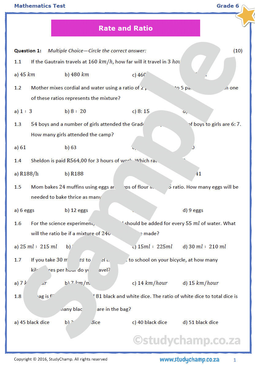 Grade 6 Maths Test Rate And Ratio Grade 6 Maths Test Rate And Ratio