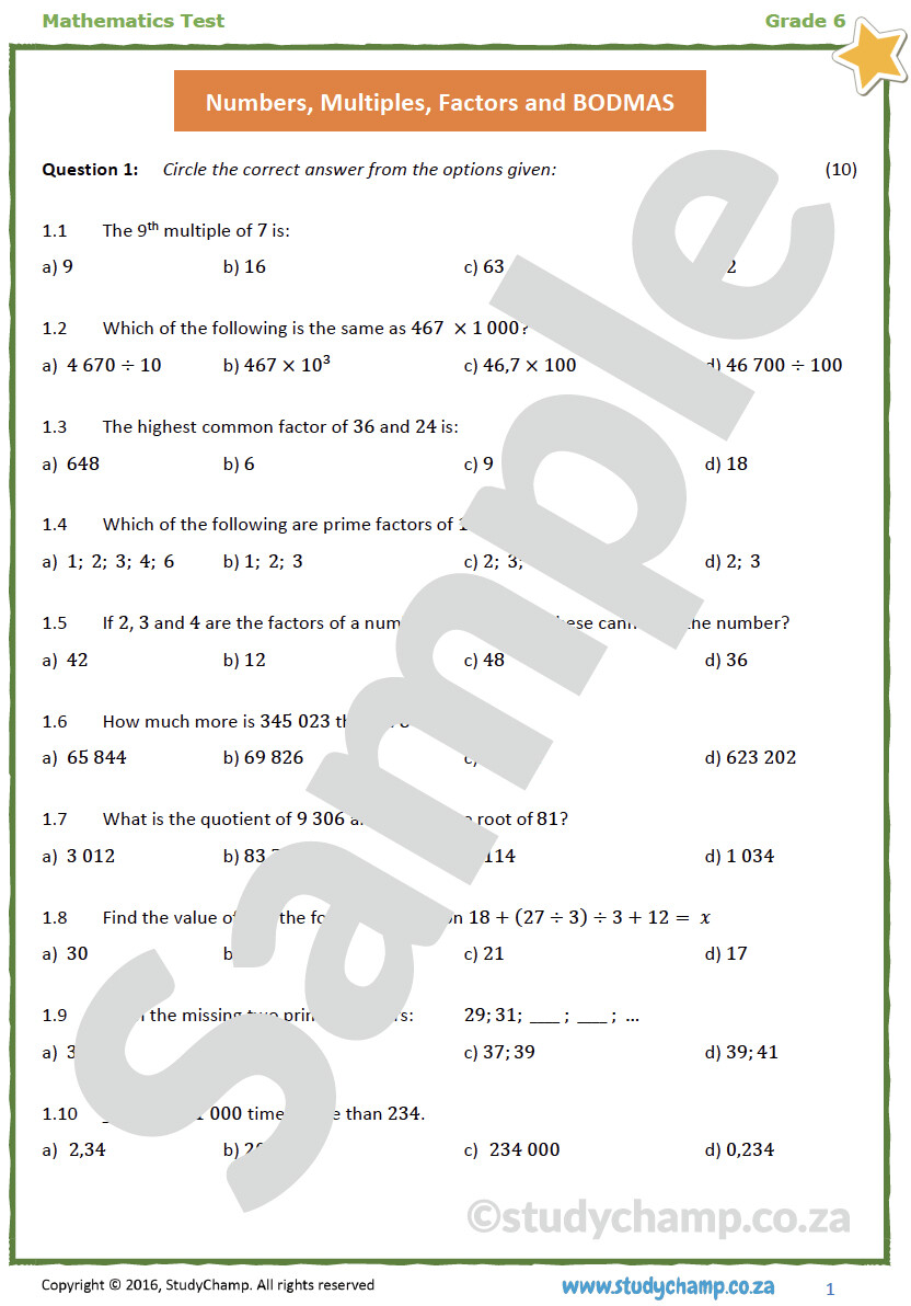 Grade 6 Maths Test BODMAS Factors And Multiples Grade 6 Maths Test BODMAS Factors And Multiples