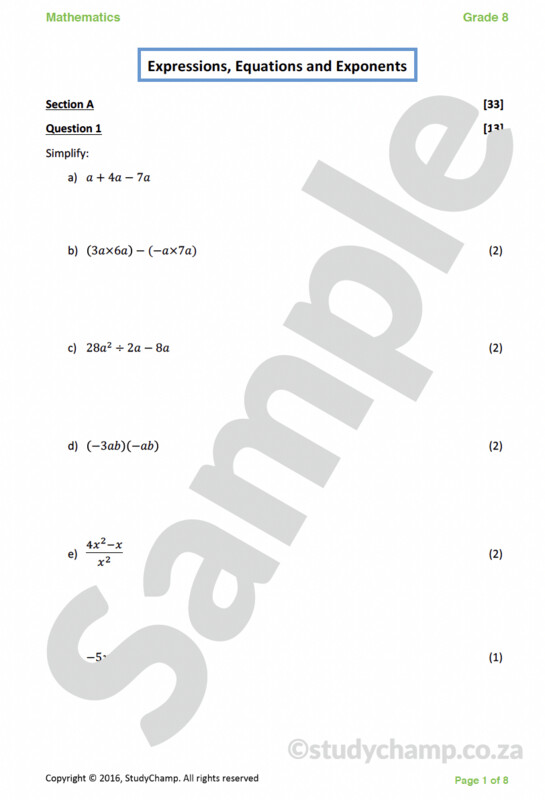 Grade 8 Mathematics Test: Algebraic Expressions and Equations Grade 8 Mathematics Test: Algebraic Expressions and Equations