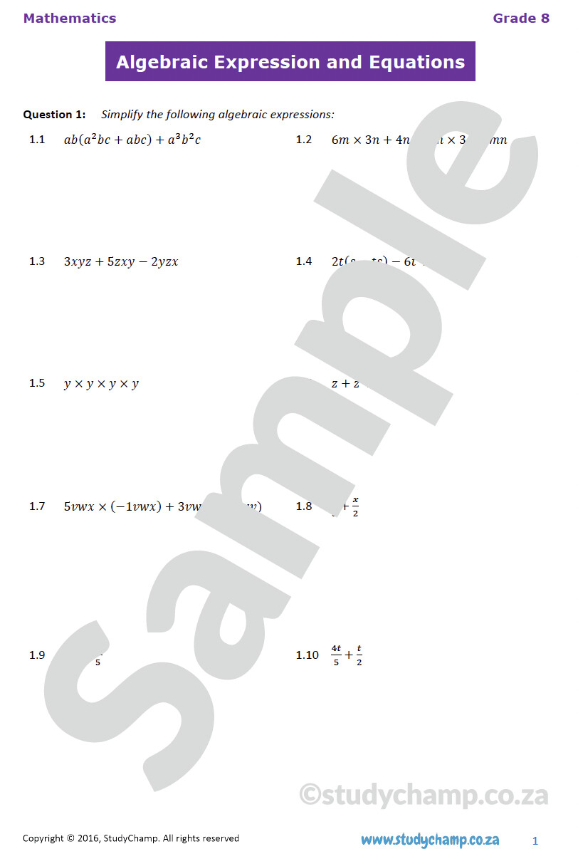Grade 8 Mathematics Worksheet: Algebraic Expressions and Equations Grade 8 Mathematics Worksheet: Algebraic Expressions and Equations