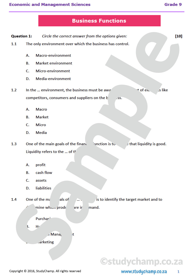 Grade 9 EMS Test Business Functions Grade 9 EMS Test Business Functions