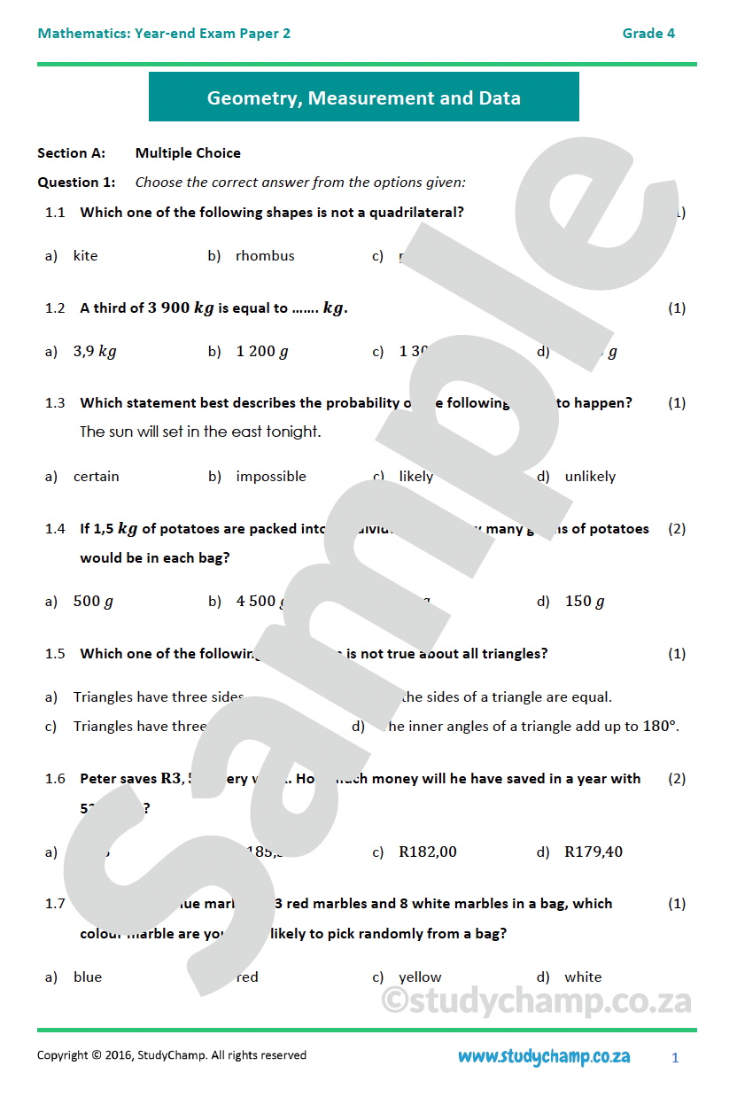 Grade 4 Maths Year end Exam Paper 2 Grade 4 Maths Year end Exam Paper 2