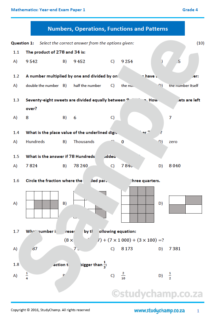 Grade 4 Maths Year end Exam Paper 1