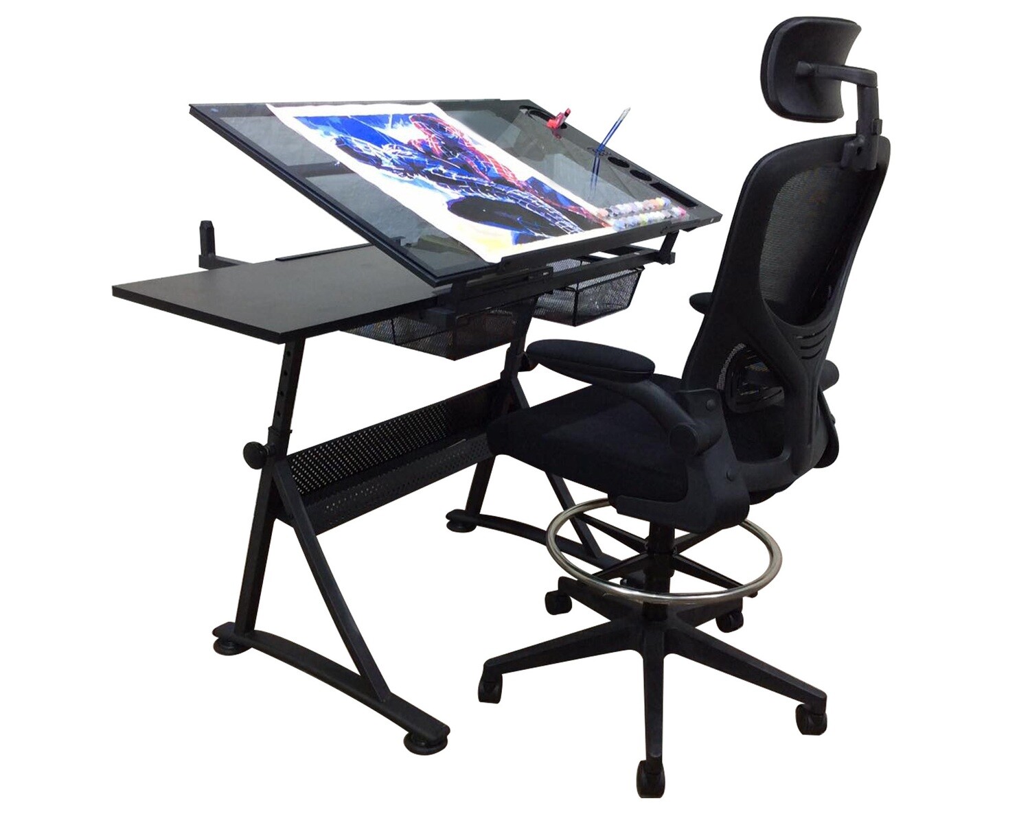 Ofix Drafting Table & Chair Set (Glass Table Height Adjustable with ...