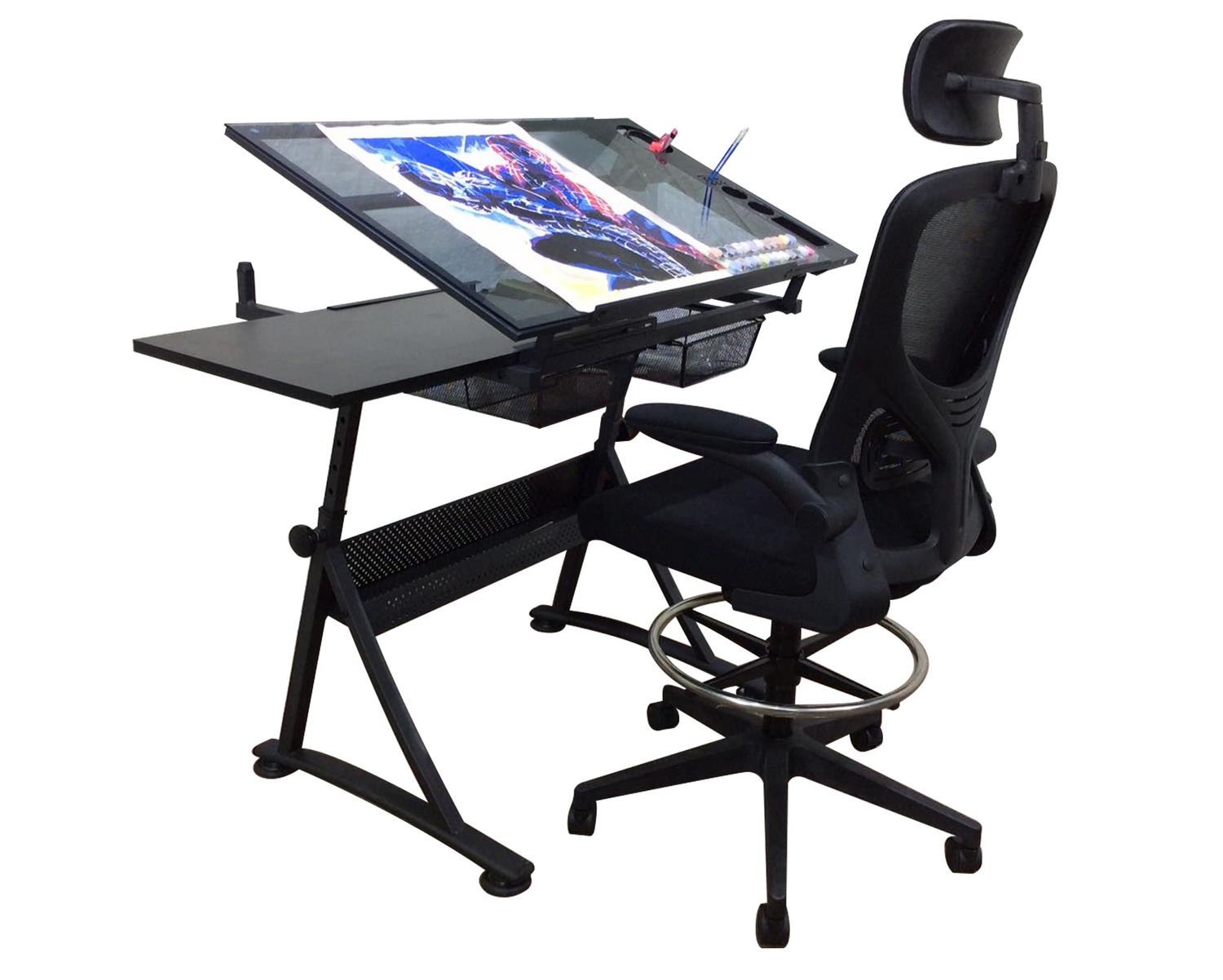 Ofix ML-030 Drafting Table & Chair Set (Glass Table Height Adjustable ...