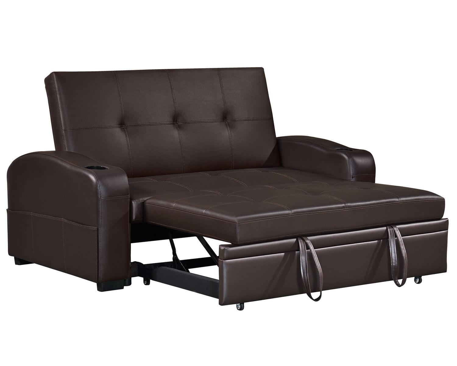 Flotti Tamara Convertible Sofa with Pull-Out Bed and Cup Holder (Brown PU, Black PU, Grey Fabric)