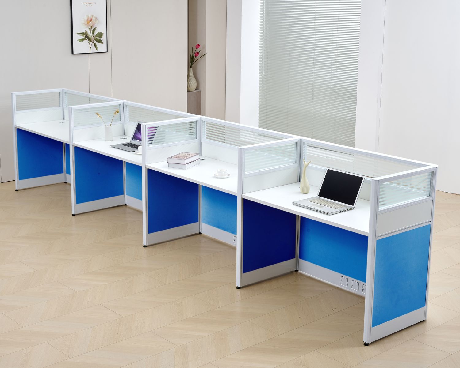 Ofix WS04-V2 4 Seaters Workstation Partition Cubicle (White+Blue, White)