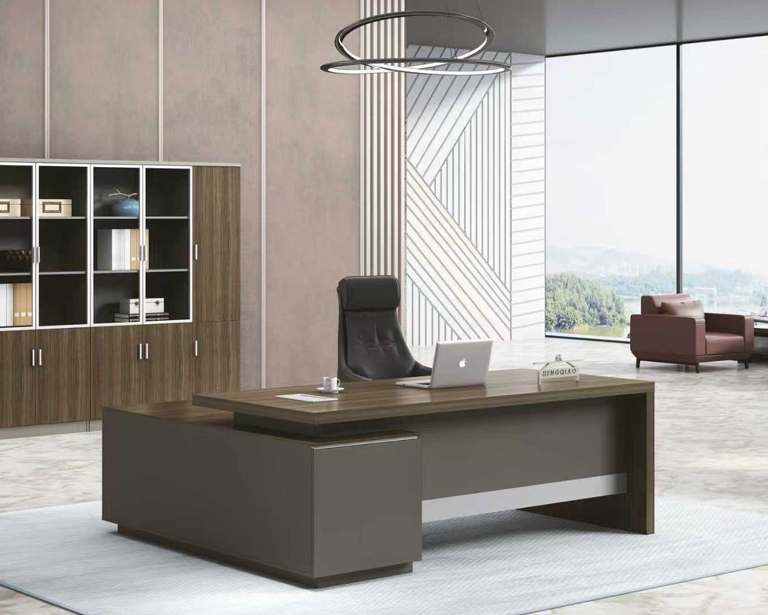Ofix Monrow Desk Executive Table with Side Cabinet (Ebony Wood+Chocolate)