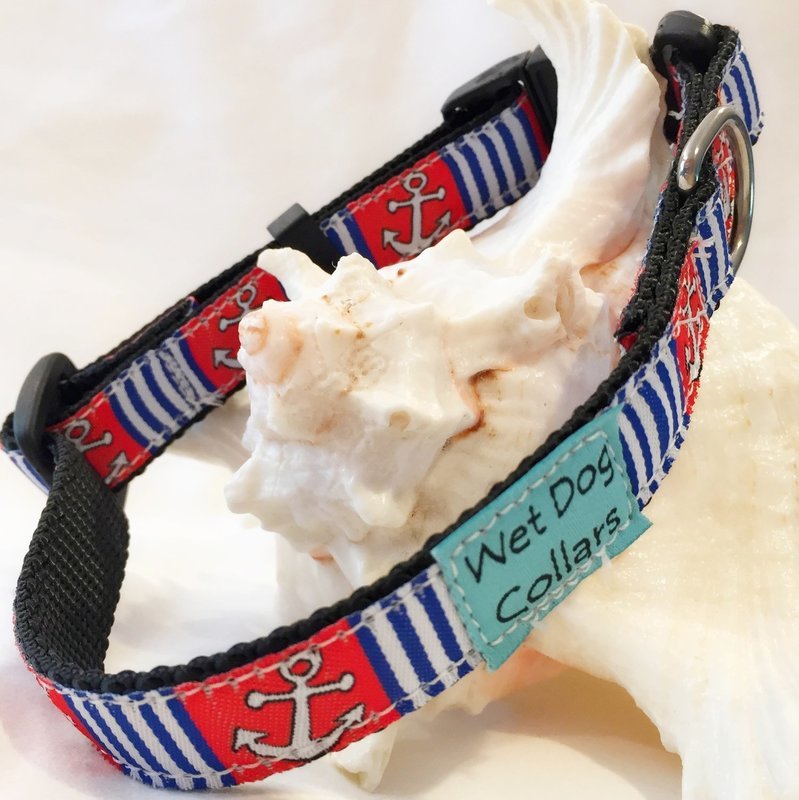 Anchors Nautical Narrow Saltwater Proof Dog Collar & Leash