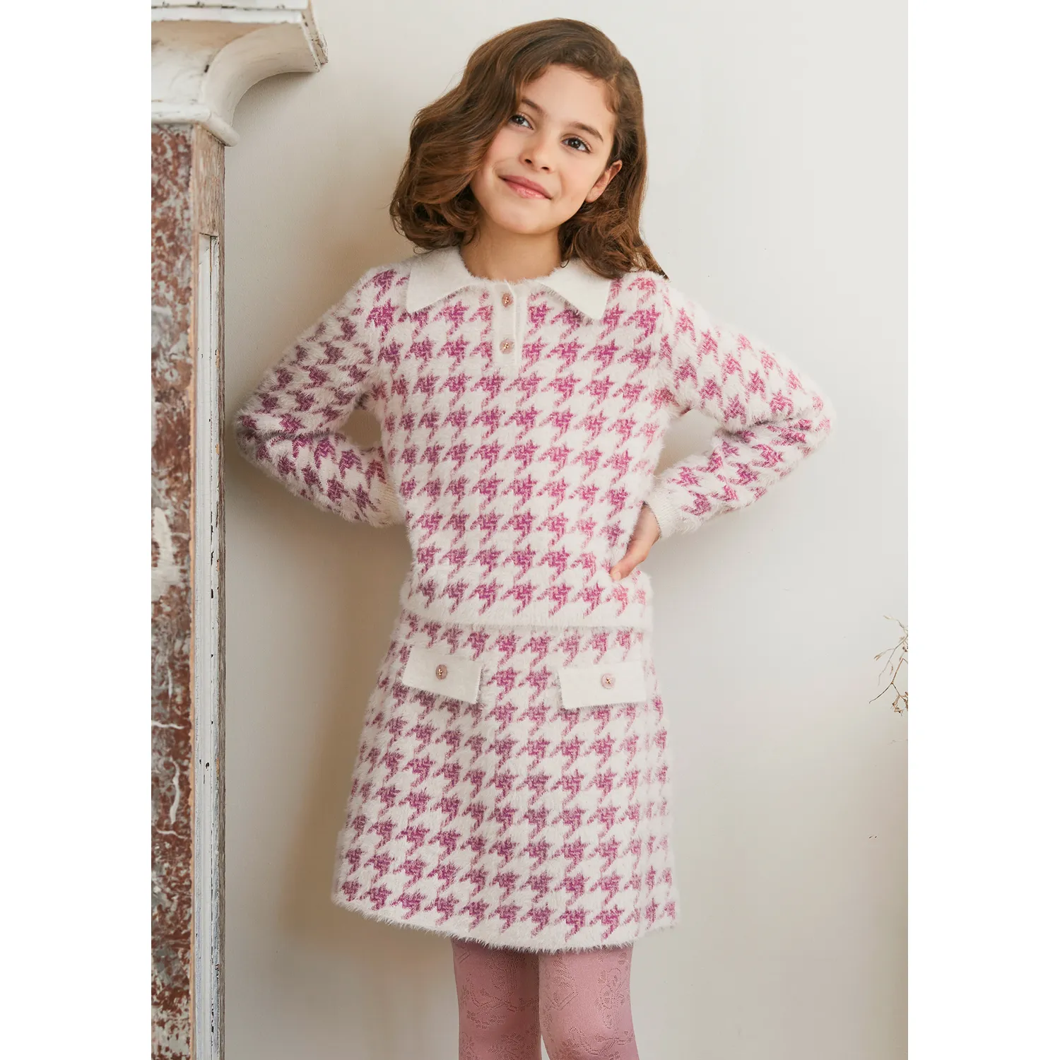 Abel & Lula Girls 2Pc Beige Knit Skirt Set Red Houndstooth Print ...