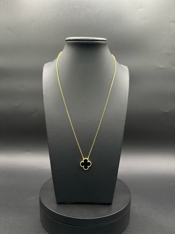 Cadena Trébol Negro 15mm Estilo Van Cleef en Plata 925 con Oro 14k – 45cm