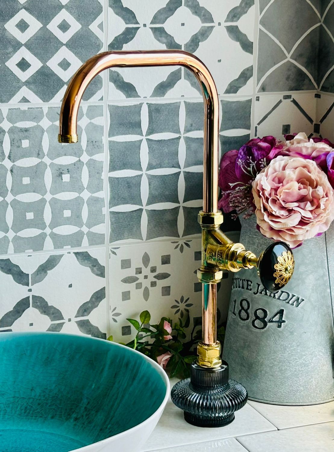 One of a kind black smoked glass Twist valve operated copper tap 15mm spout