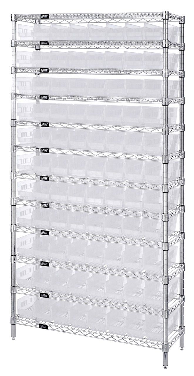 18"W x 36"L x 74"H wire shelving with 4" wide bins. WR12-103