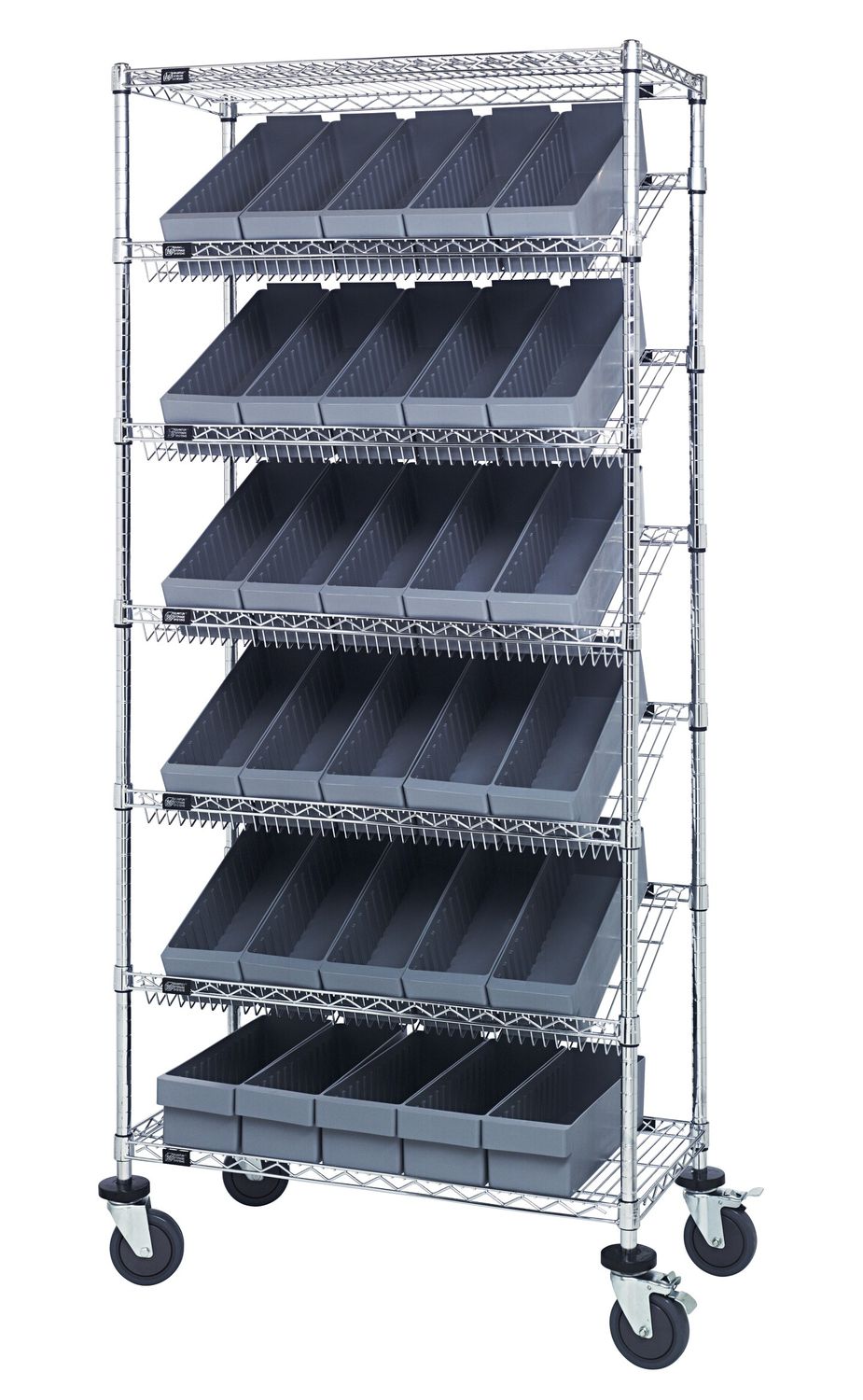 Slanted wire shelving cart with closed front bins MWRS-7-602