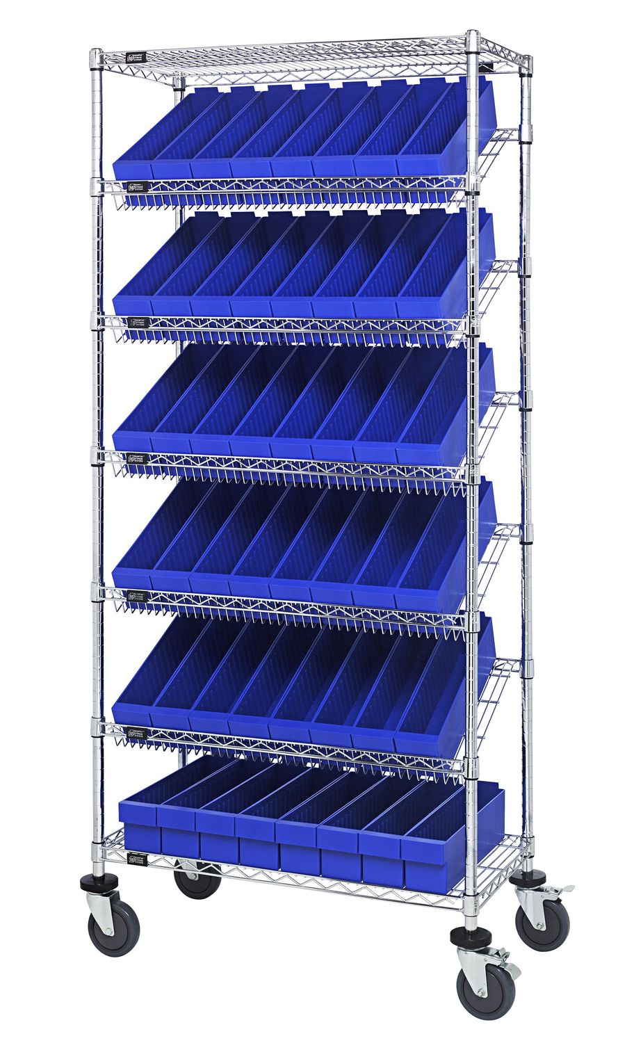 Mobile sloped wire shelving with QED604 bins - MWRS-7-604