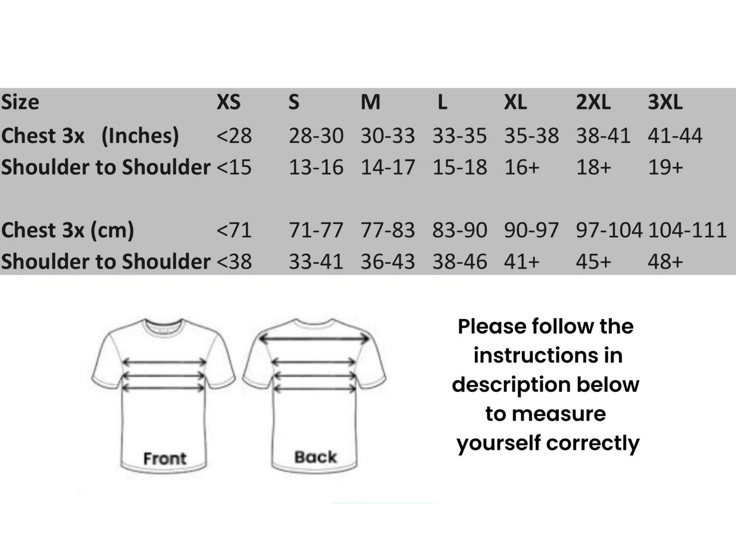 Size Chart & Measuring guide (Not the same as your Tshirt size)