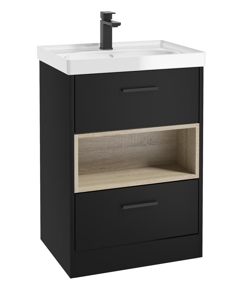 MALMO 60cm Two Drawer Matt Black Floor Standing Vanity Unit Gloss Basin ...