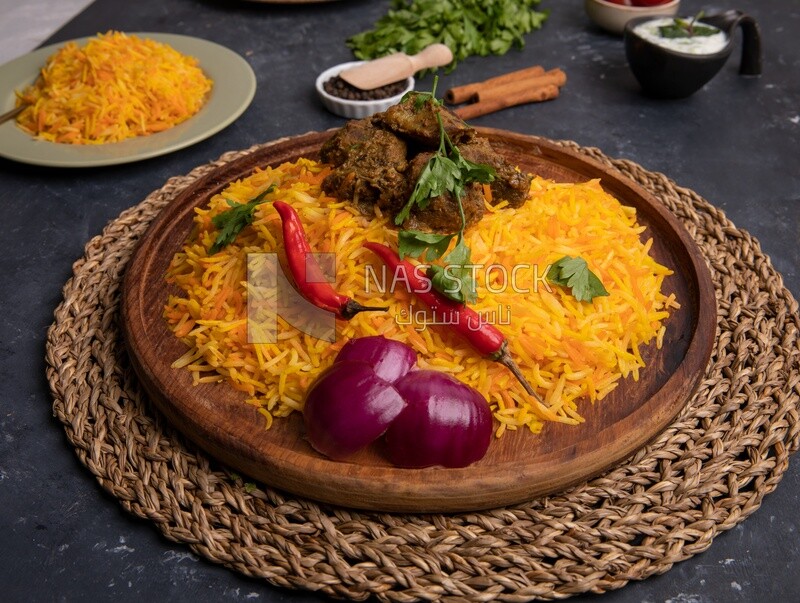 Wooden plate of delicious biryani rice with meat, traditional Arabic ...