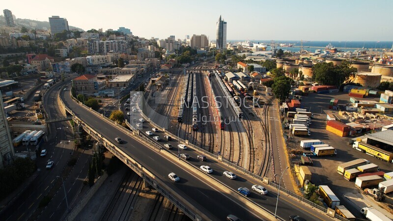 drone footage for train traffic at the Hejaz railway station in Haifa ...