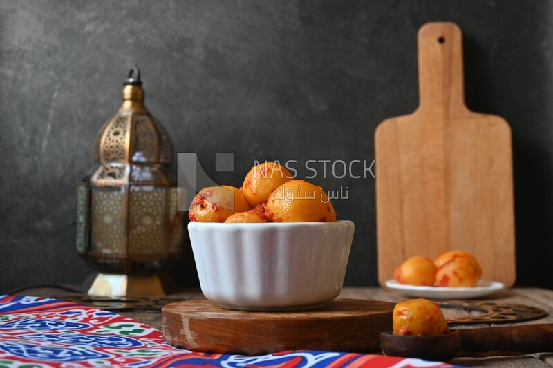 Bowl of Pickled lemon, Egyptian pickles, Arab restaurants