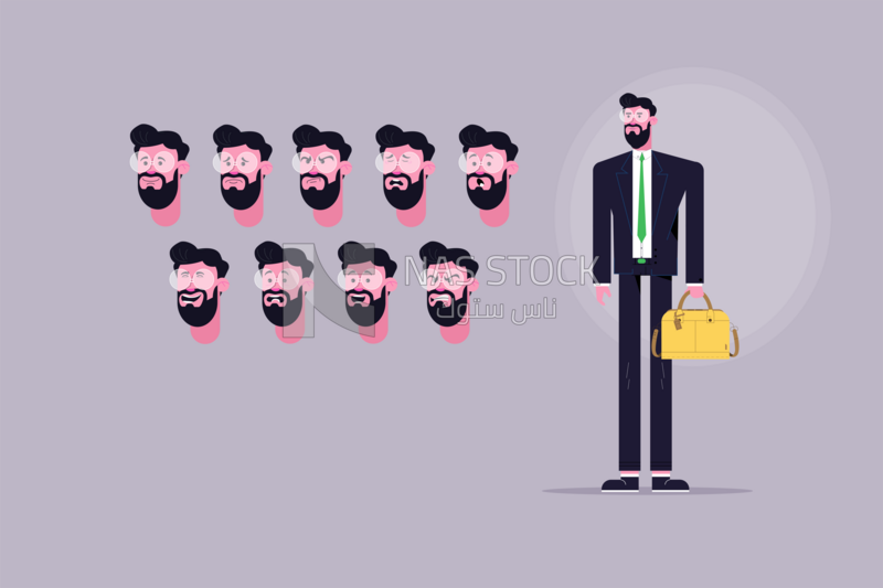 A Man character stands beside his different reactions - model sheet