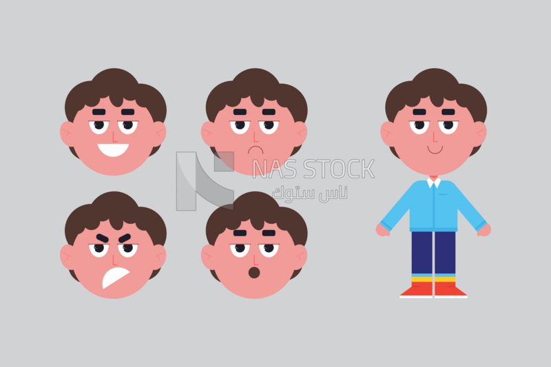 A boy character stands beside his different reactions model sheet
