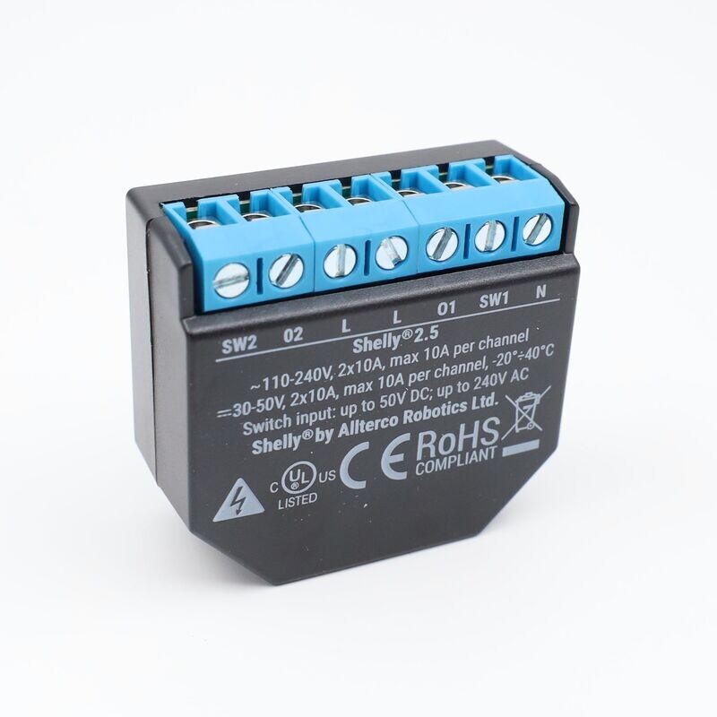 Shelly 2.5 - 2x10A mittaava WiFi-rele verho-ohjauksella rasiaan
