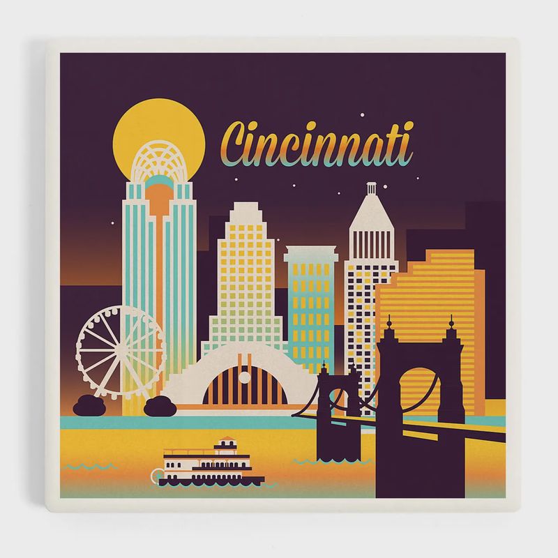 Ceramic Coaster Cincinnati, Ohio, Retro Skyline Chromatic