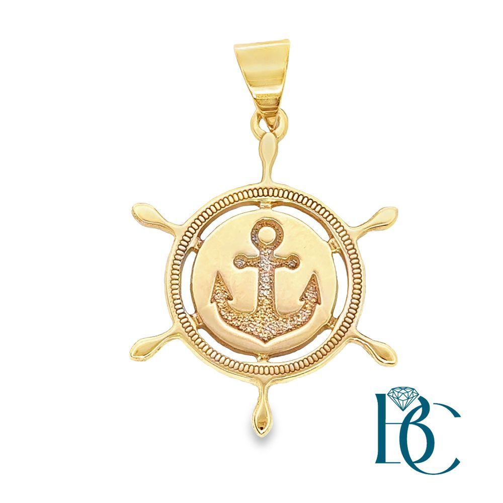 10k YG Ship Wheel Helm with Anchor Pendant