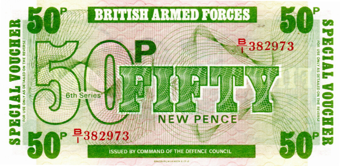 British Armed Forces 50 New Pence 1972 Banknote M-49 Prefix B/1 Paper Money