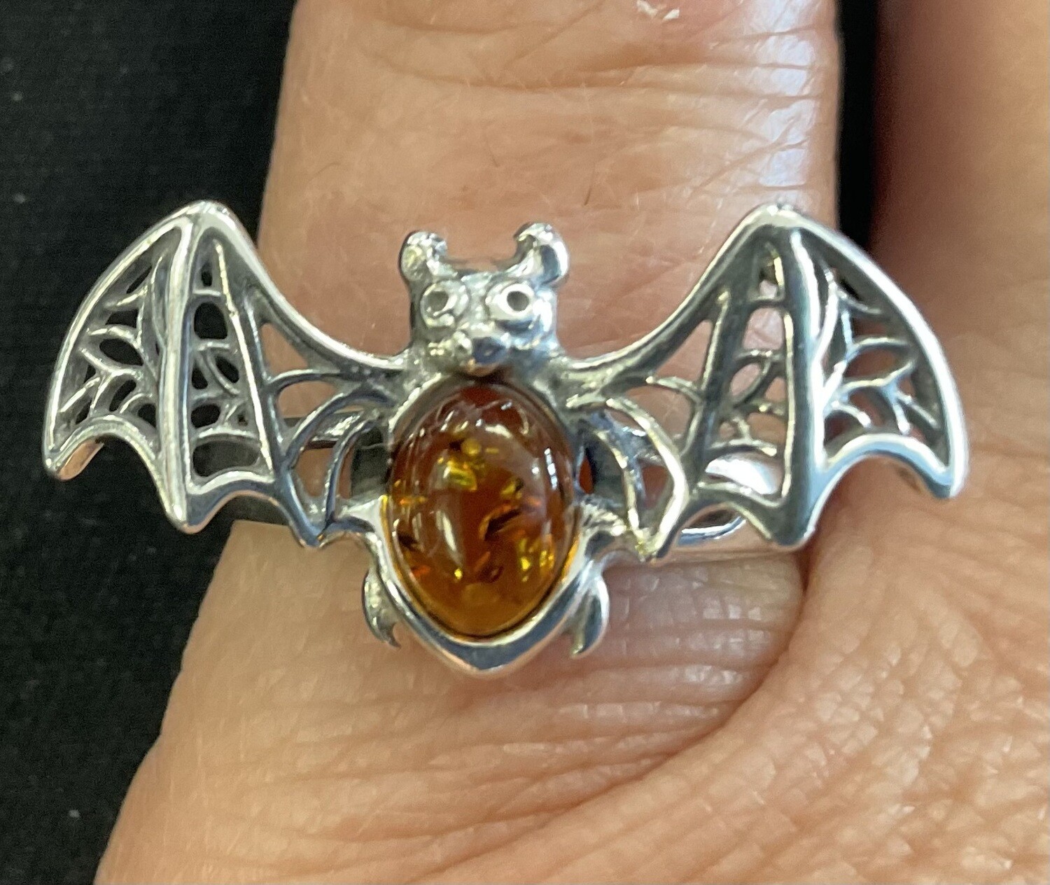 Bat Adjustable Cognac Amber Sterling Silver Ring
