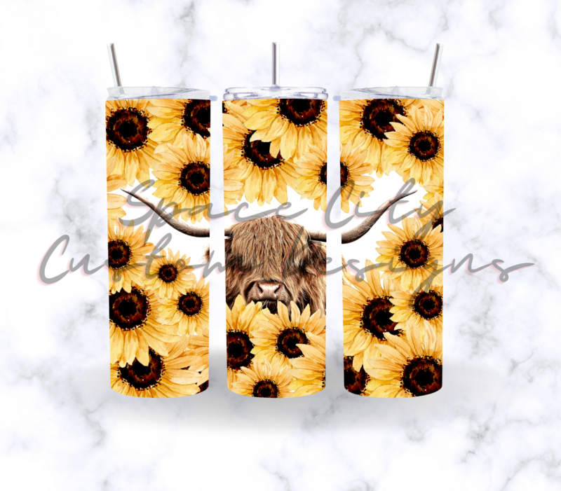 HIGHLAND COW AND SUNFLOWERS